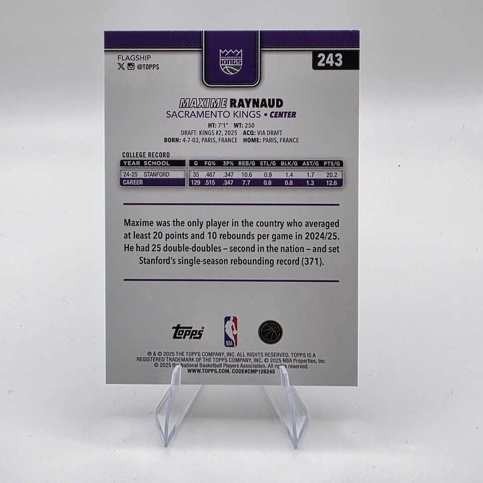 2025-26 Topps Maxime Raynaud RC Sacramento Kings Team Logo SP Parallel ...
