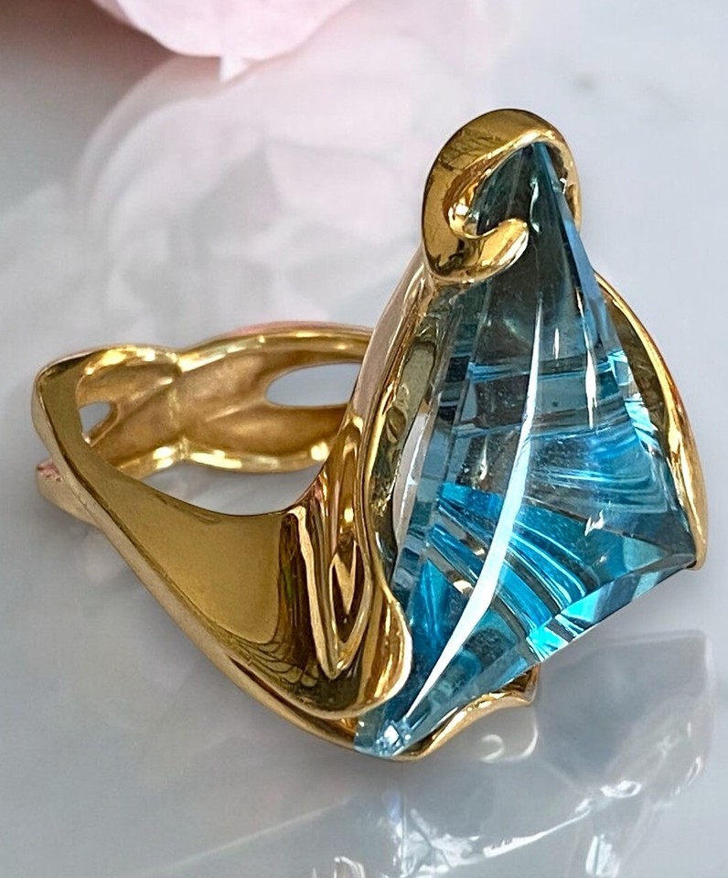 Designer CUSTOM 14k Gold Massive Carved Blue Topaz Abstract Ring Size 6 ...