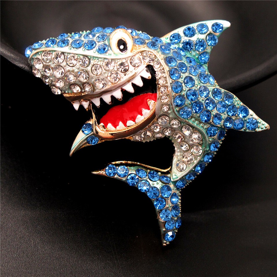Blue Rhinestone Cartoon Shark Crystal Fashion Women Charm Brooch Pin ...