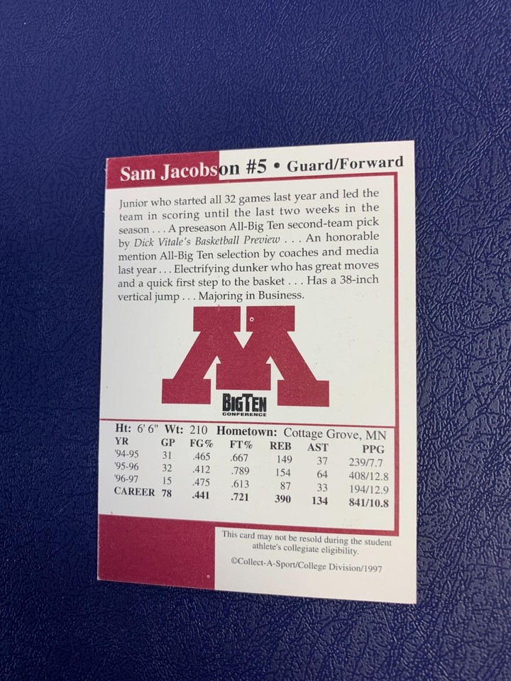 1997-98 Minnesota Golden Gophers Basketball #5 Sam Jacobson - Rare! | eBay