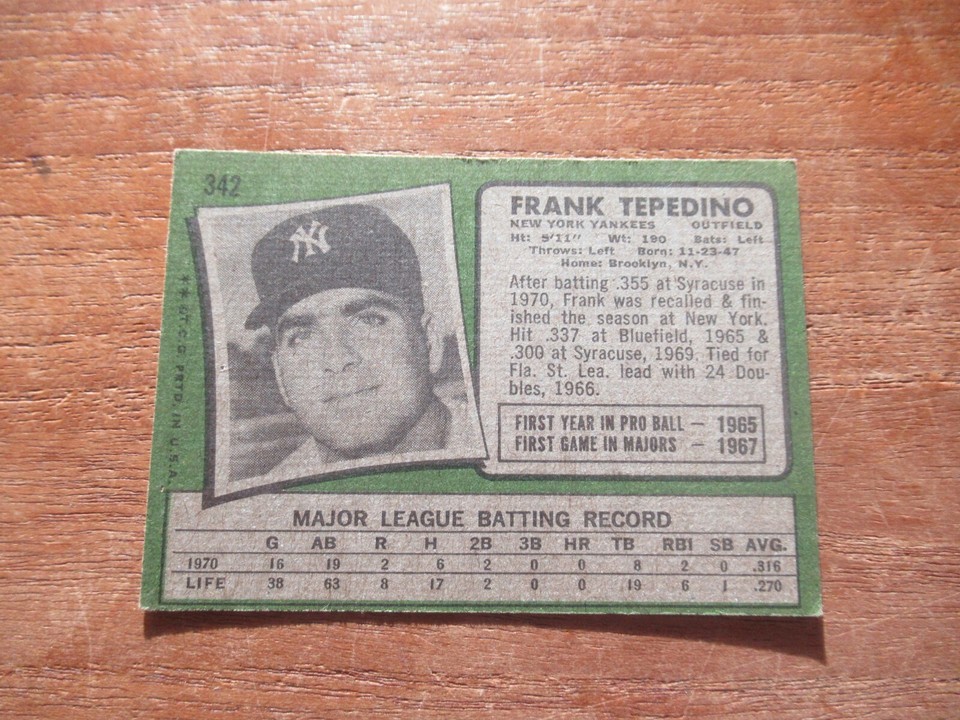 1971 TOPPS FRANK TEPEDINO #342 NEW YORK YANKEES HIGHER GRADE GREAT ...