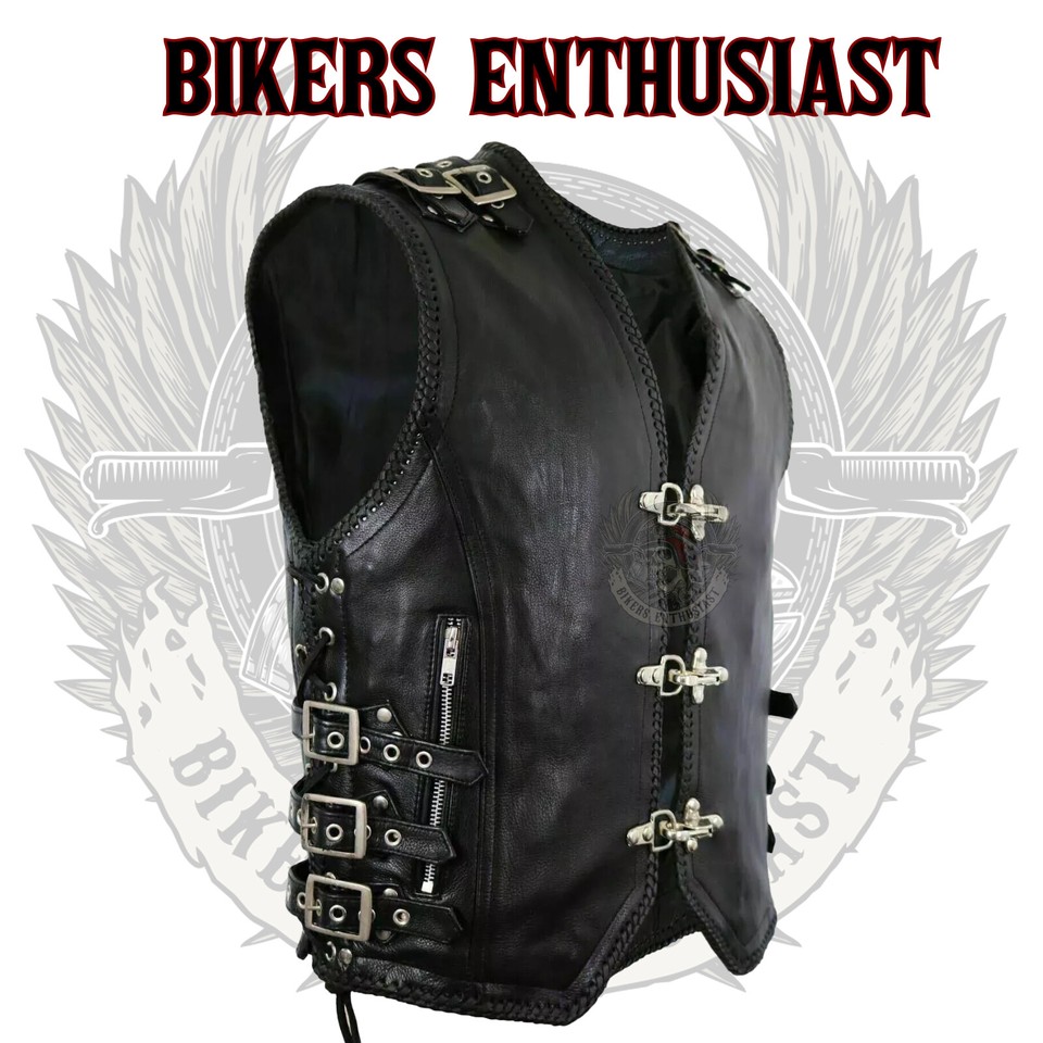 Men's Heavy Duty Genuine Buffalo Leather Biker Vest Rocker Motorcycle ...