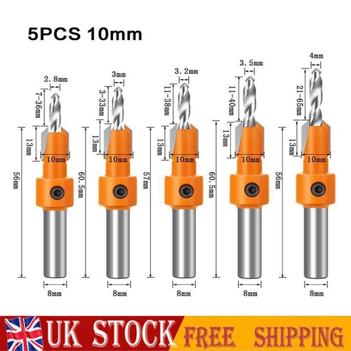 5PCS 10mm Holes Pilot Shank Bit HSS Woodworking Countersink Set Screw ...