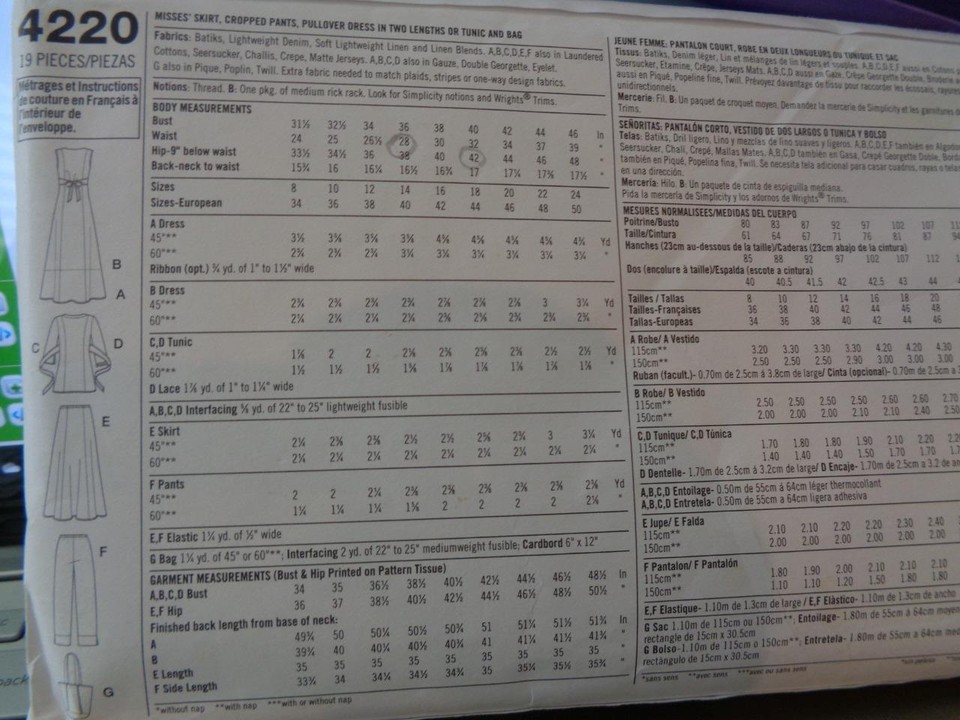 Simplicity Sewing Pattern 4220 Misses' Skirt Pants Dress Tunic Top Bag ...