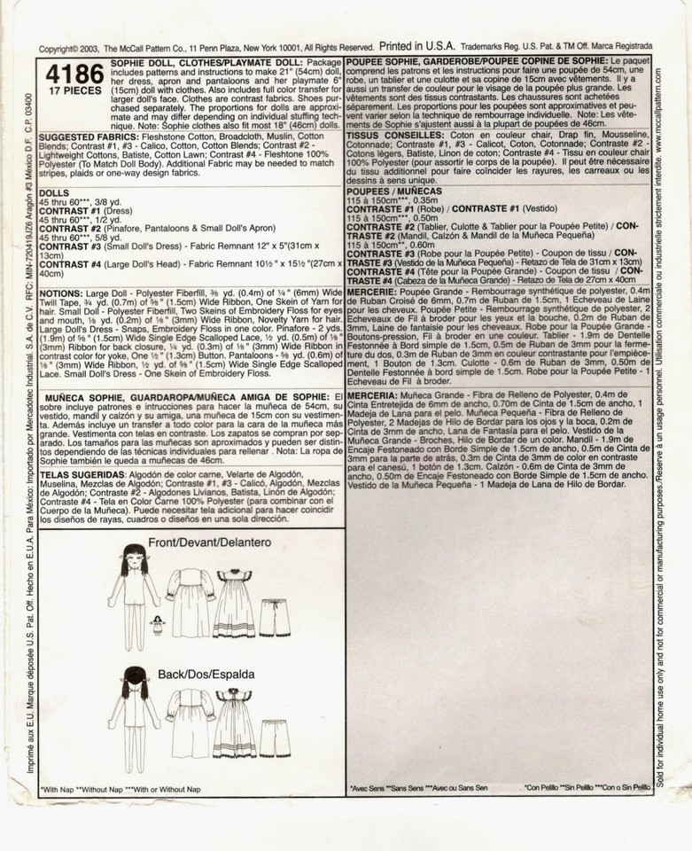 McCall's 4186 Sophie Doll & Clothes Sewing Craft Pattern Uncut | eBay