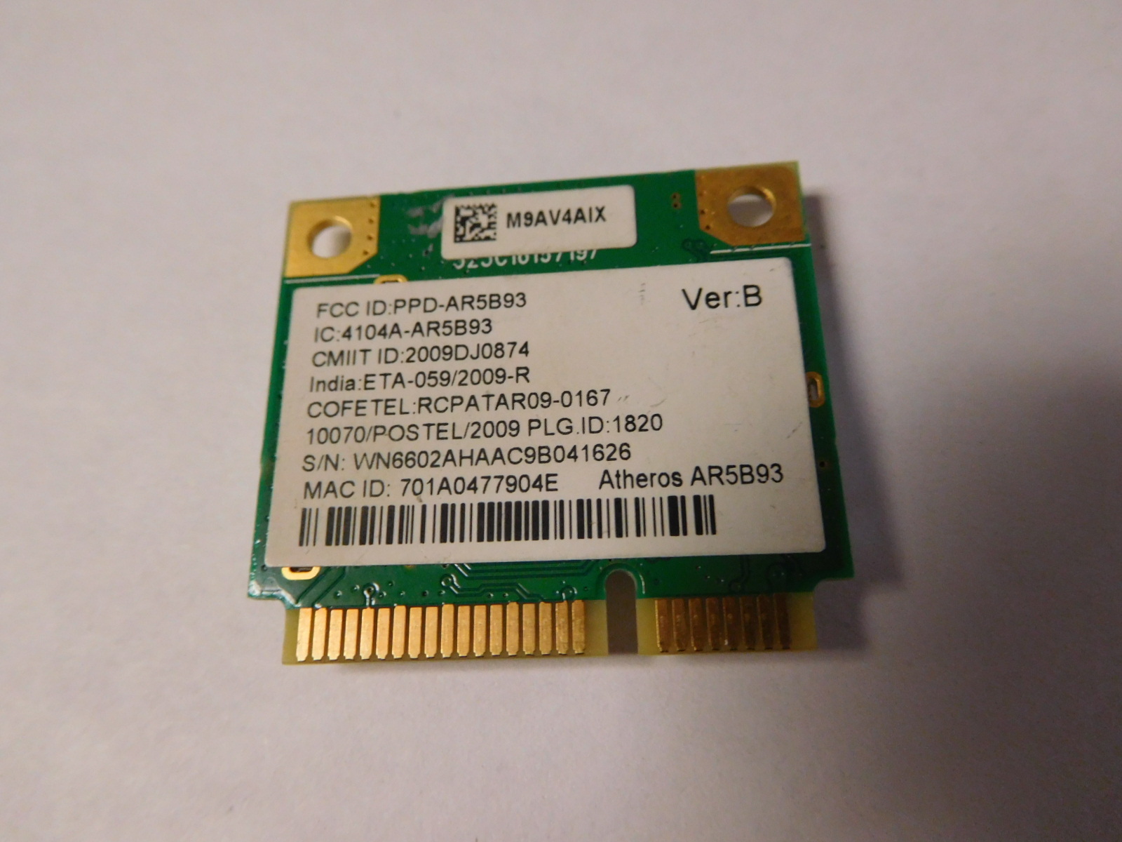 Gateway NV5378U NV53 Series Wireless Half Card Atheros AR5B93 (K51-25 ...
