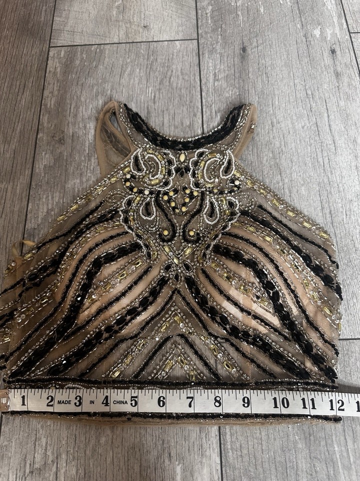 VTG Y2K Beaded Halter Top Sheer Nude Black Gold Sequin Art Deco ...