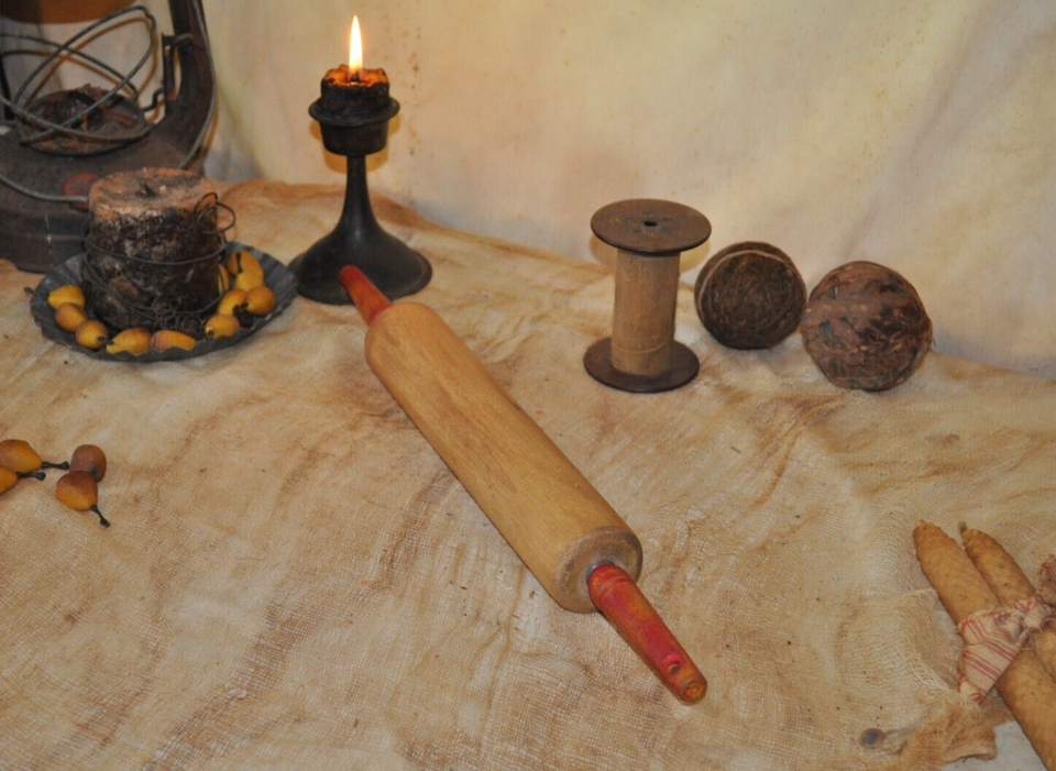 Wooden Rolling Pin Antique 17" Long Vintage Folk Art Nice Worn Red ...