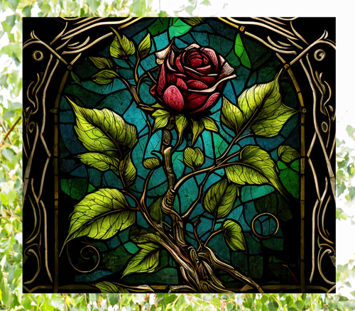 Long Stem Red Rose Faux Stained-Glass WINDOW CLING Size 9.1" Vinyl | eBay