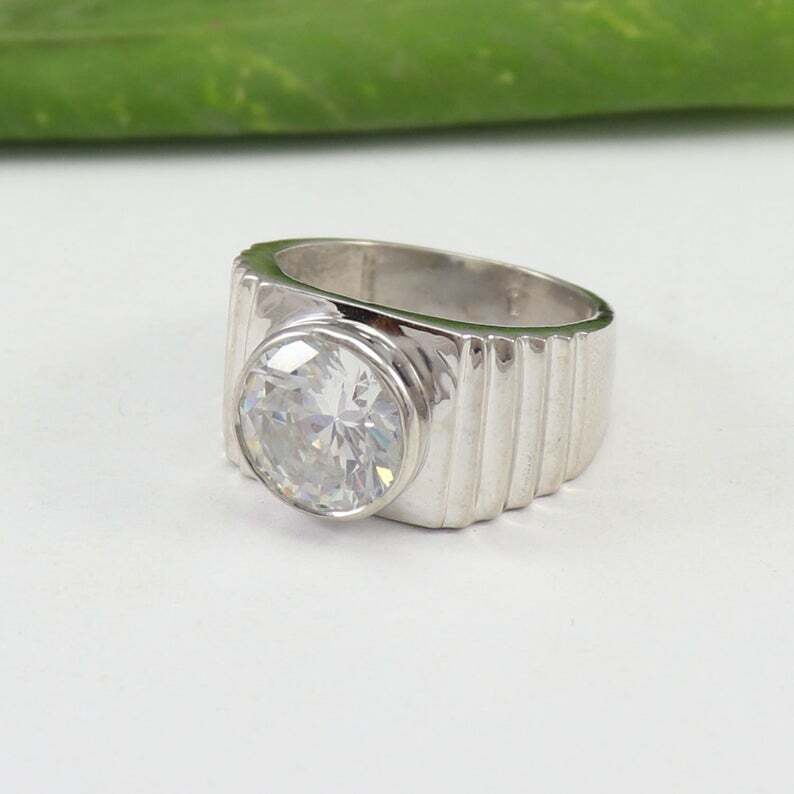 5.90CT Round Cut White Zircon Solid 935 Argentium Silver Men's Wedding ...