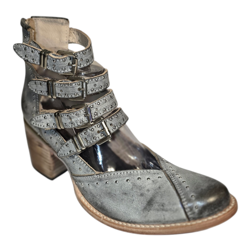 Freebird Felicity Ice Ankle Booties Straps Buckles Open Stack Wood Heel ...