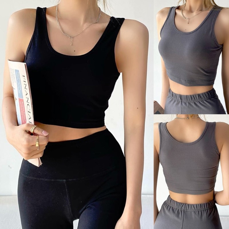 Women Sleeveless for Tank Crop Top U-Neck Racerback Solid Color ...
