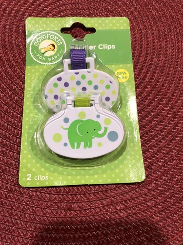 Package of 2 Comforts for Baby Pacifier Clips; Green/Purple Strap; NIP ...