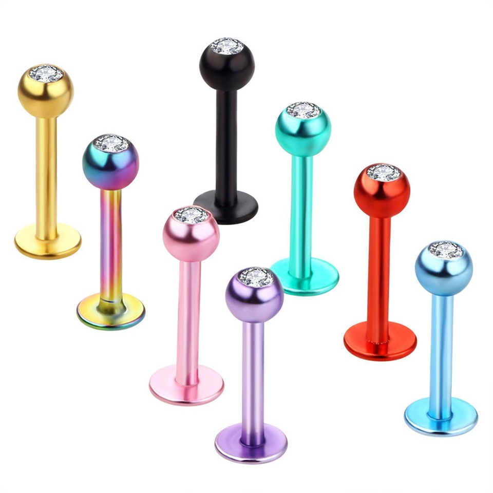 8pcs Mixed Color Labret Stud Gem Ball Top Lip Rings Earring Piercing ...
