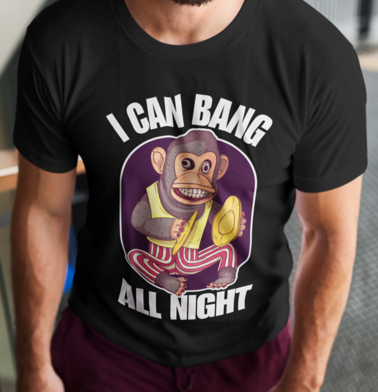 I Can Bang All Night T-SHIRT Funny Sex Drummer Vintage Cymbal Monkey ...