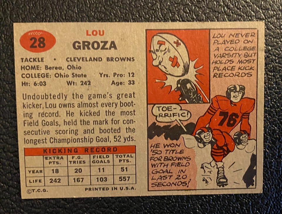 Lou Groza 1957 TOPPS card #28 BROWNS Near Mint Gorgeous Card | eBay
