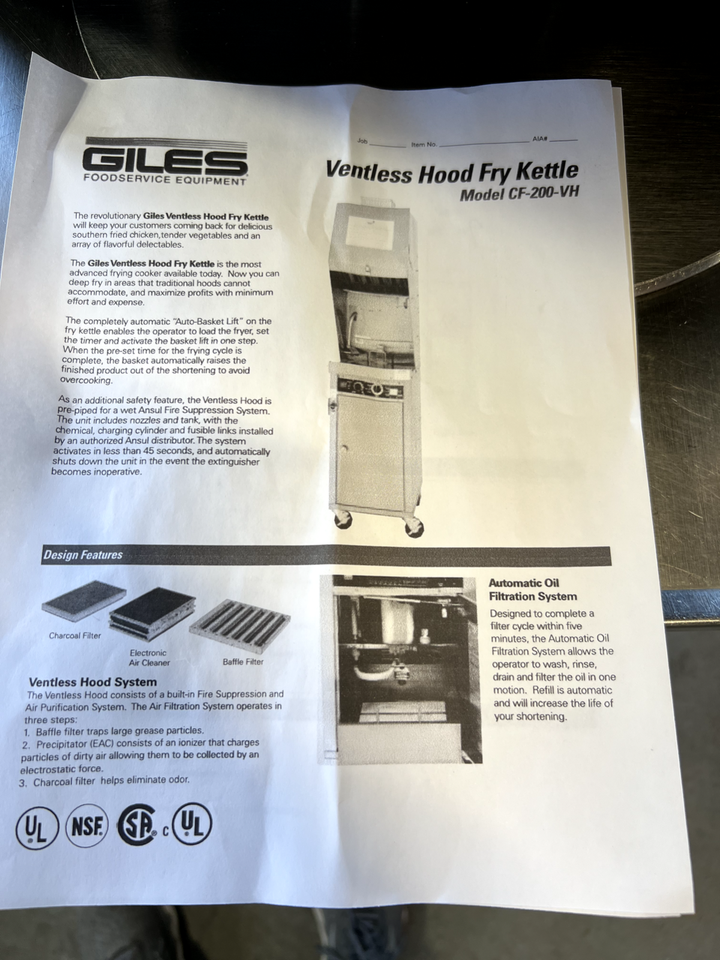 Giles CF-200-VH Ventless Hood Electric Fryer Auto Lift Basket Auto ...