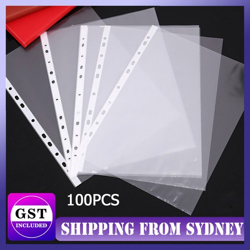 100pcs A4 Clear Plastic Punched Pockets Folders Filing Sleeves Document ...