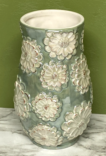 Beautiful Ceramic Vase Green w/Raised/3D Flowers by Teleflora | eBay