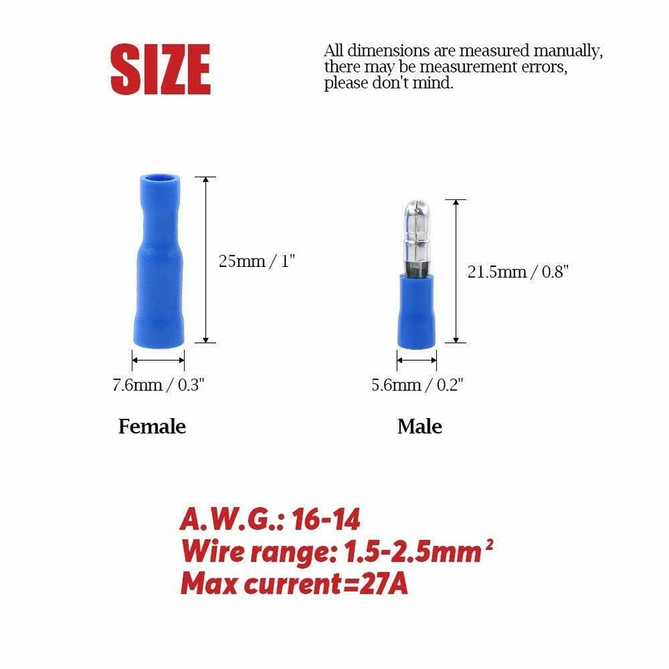 100PCS Blue Bullet Connector Insulated Crimp Terminals for Electrical ...