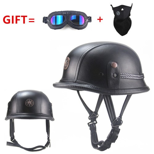 DOT German Motorcycle Half Helmet Leather Scooter Helmet w/Goggles Face ...