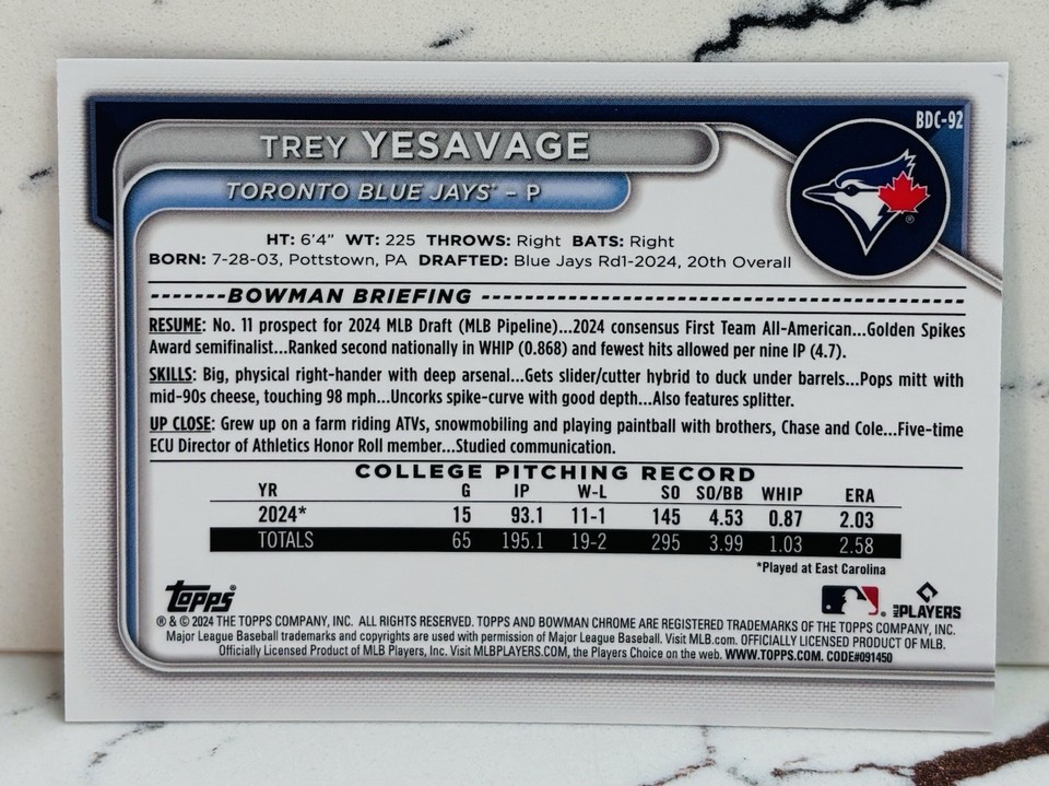 2024 Bowman Draft Chrome TREY YESAVAGE Toronto Blue Jays 1st PROSPECT ...
