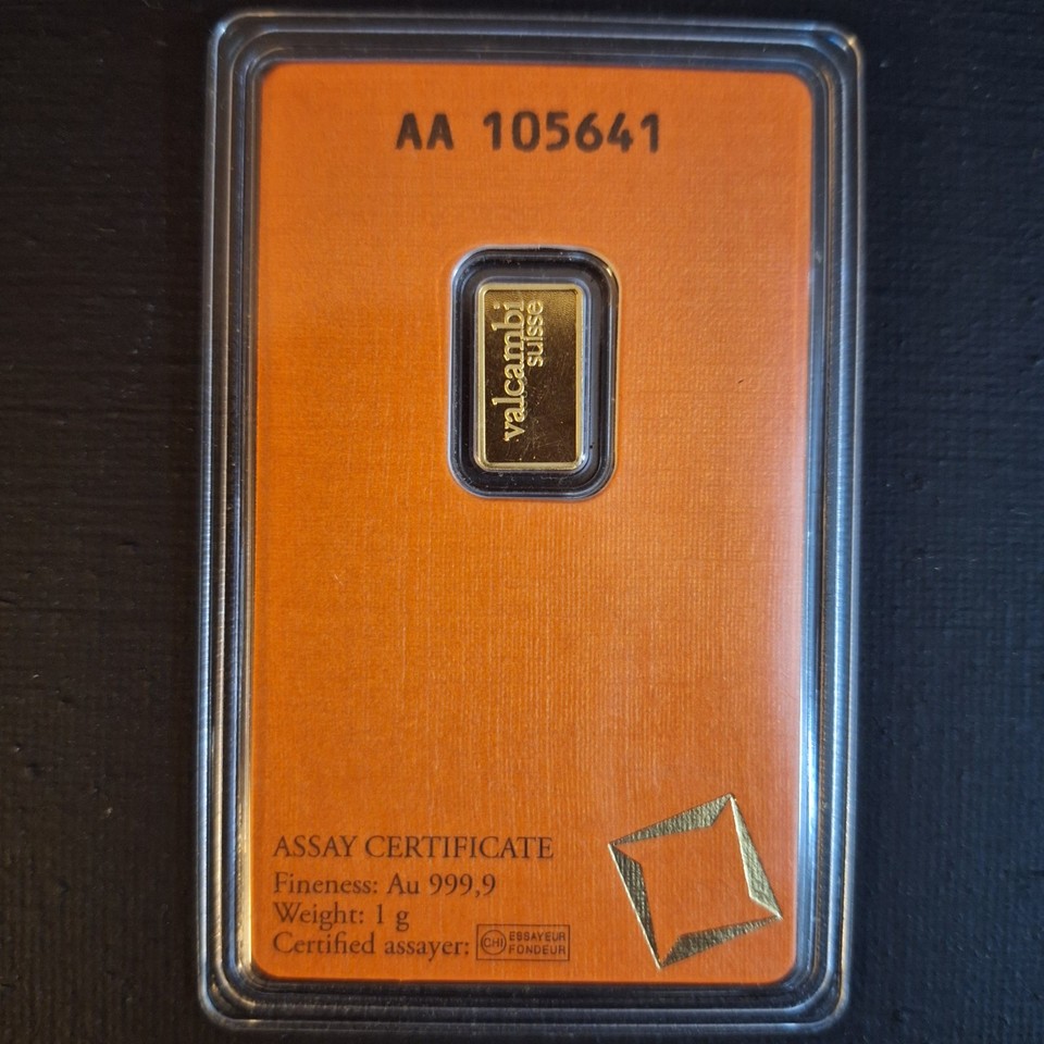 Gold 1 g. Valcambi Suisse 9999 fineness Assay certificate, sealed ...