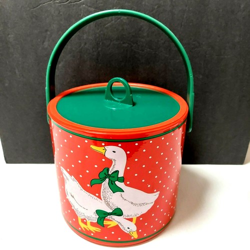 Vintage Christmas Ice Bucket Lid Handle Country Goose Red Green Giraffe ...