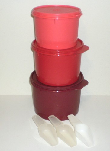 Set of 3 Tupperware Red/Maroon Canisters Storage Containers w/Lids & 3 ...