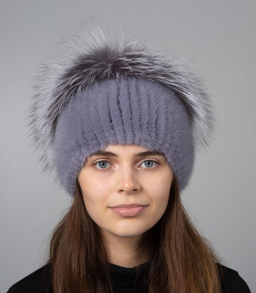 Real Fur Hat Women's Mink Knitted Winter Real Mink Fur Hat With Silver ...