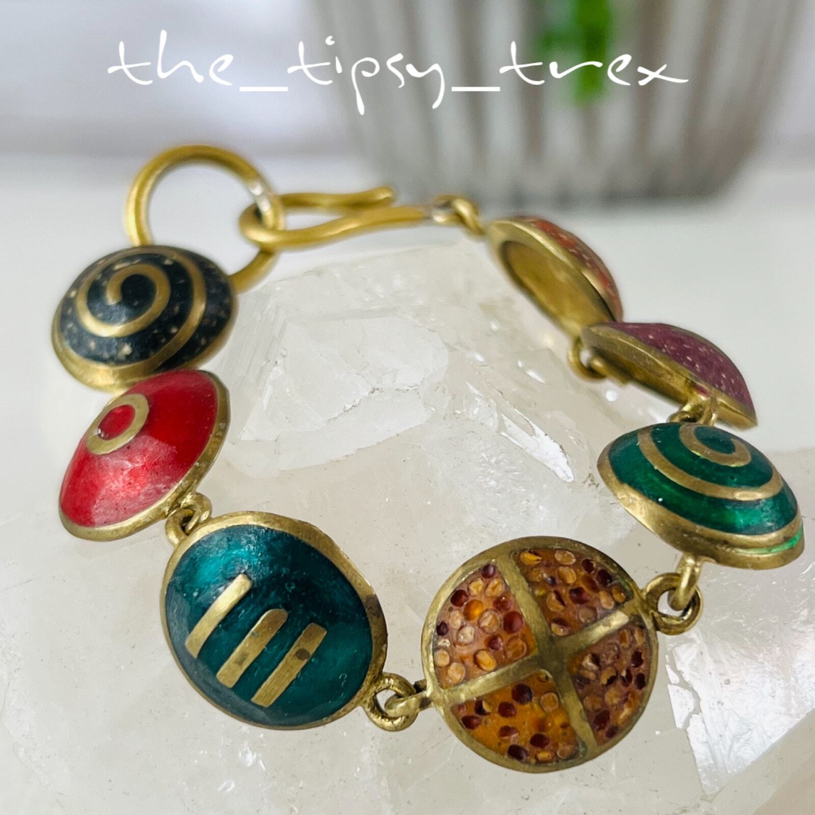 David Urso Brass and Enamel Rustic Boho Link Bracelet - Gem