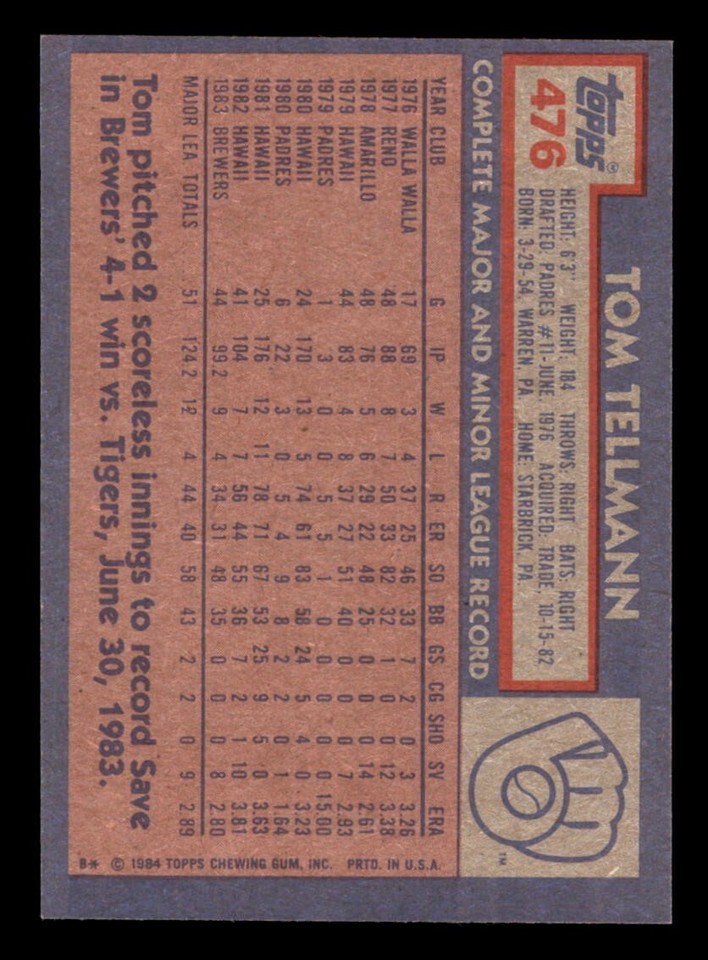 1984 Topps Baseball #476 Tom Tellmann Signed Auto Autograph (no COA) | eBay