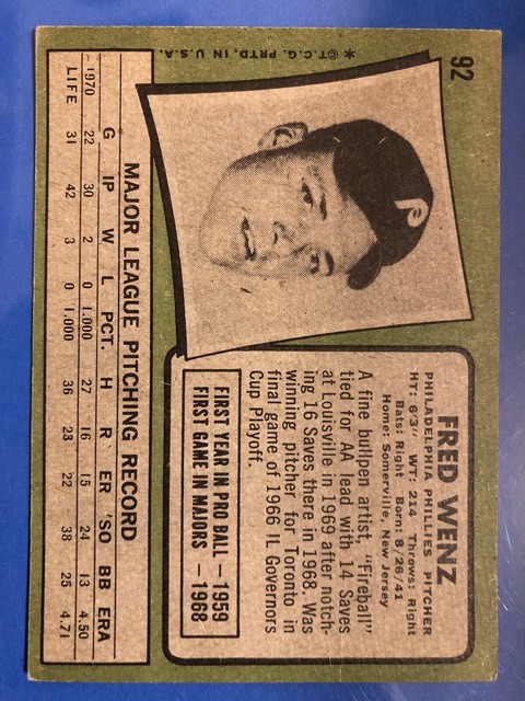 1971 Topps - #92 Fred Wenz for sale online | eBay