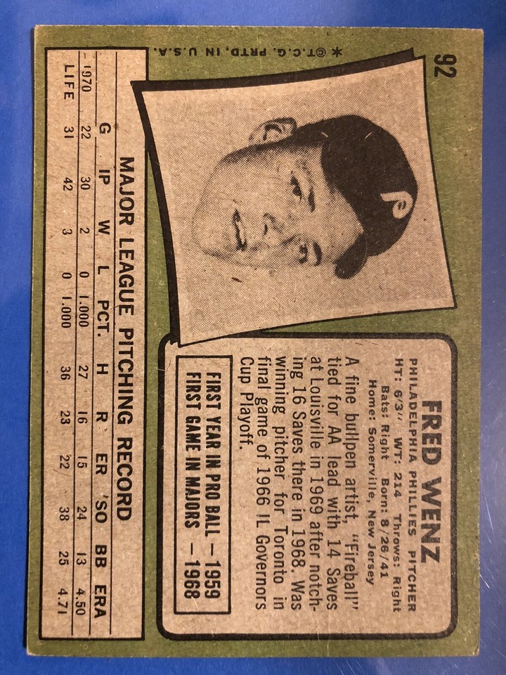 1971 Topps Baseball #92 Fred Wenz Philadelphia Phillies | eBay