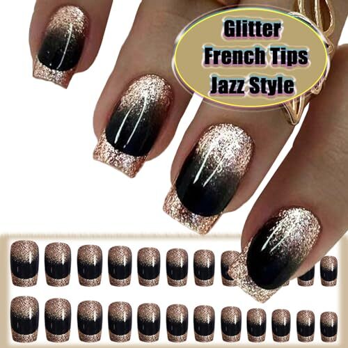 24Pcs Sparkly French Tips Press on Nails with Jazz Design, Shine Design ...