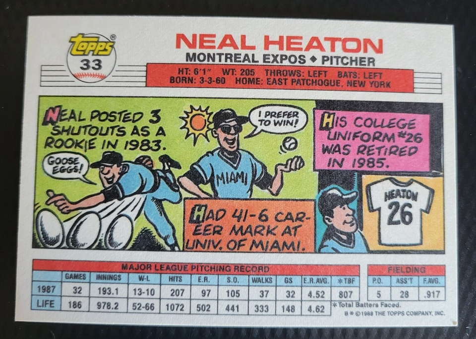 1988 Topps Big NEAL HEATON Montreal Expos MLB Baseball Card #33 Series ...