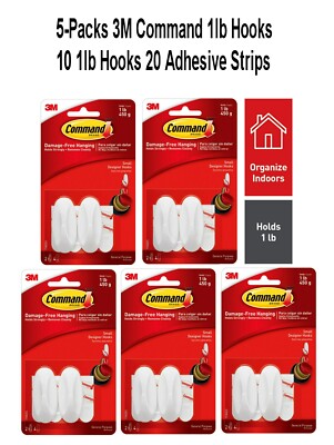 5 Pks 3M Command Hooks Small 1lb Adhesive Strips 5-Packs (10 Hooks 20 ...
