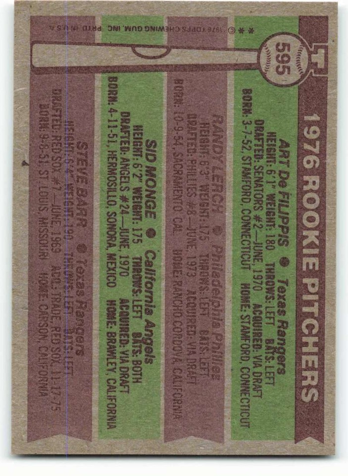1976 Topps #595 Art DeFilippis/Randy Lerch/Sid Monge/Steve Barr NM Nea ...