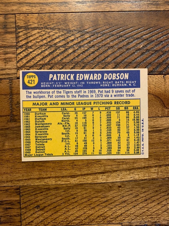 1970 TOPPS BASEBALL PAT DOBSON #421 EXMT | eBay