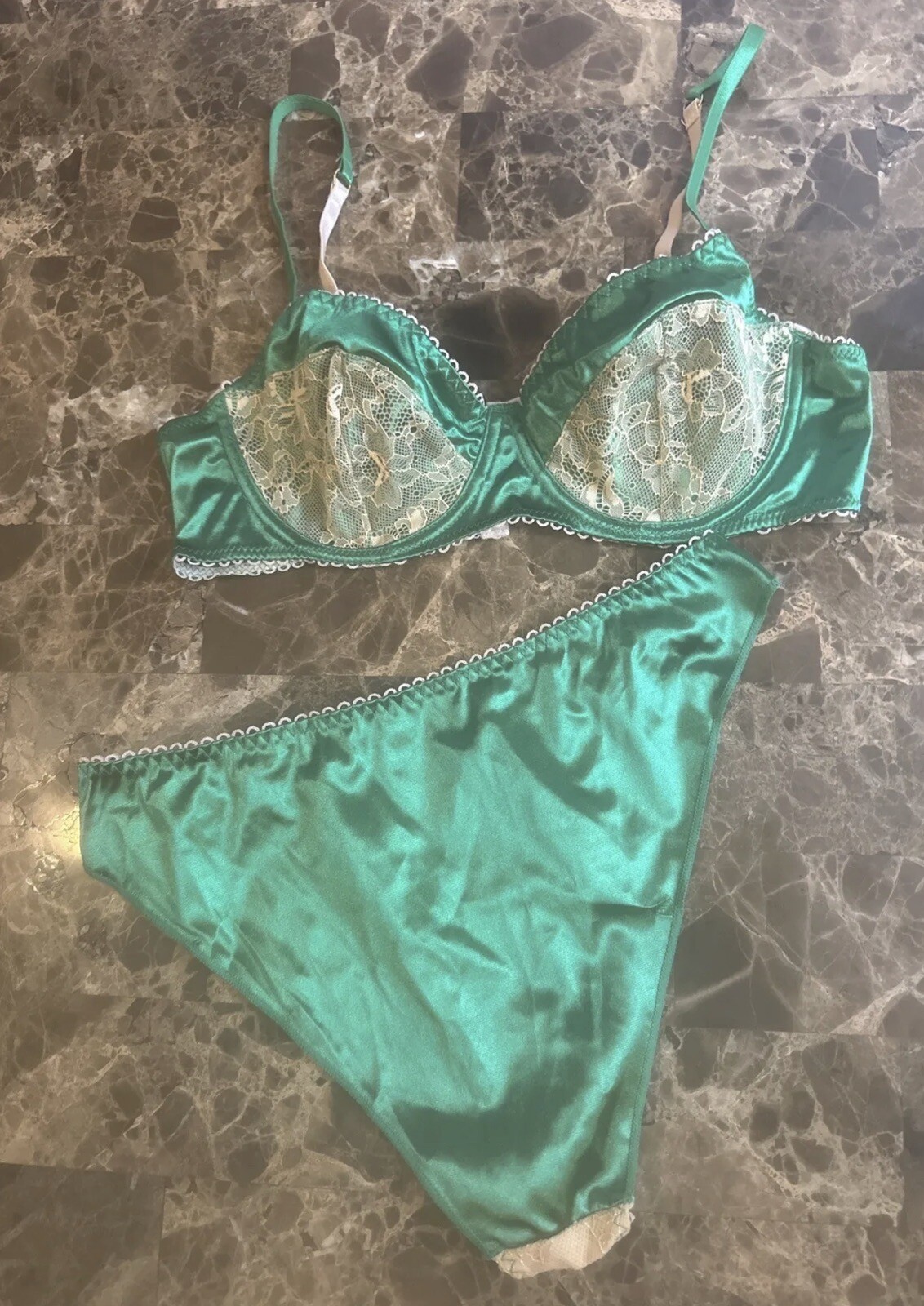 Oily Green Shiny Satin Second Skin Bra Panty Thong Li… - Gem