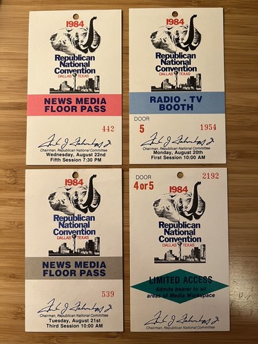 4 x 1984 REPUBLICAN NATIONAL CONVENTION RNC MEDIA PASSES FOR JOHN ...