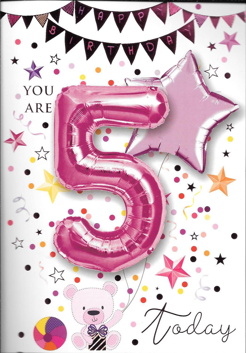 GIRLS 5th BIRTHDAY CARD - AGE 5 - CONTAINS 2 x 30cm PINK FOIL BALLOONS ...