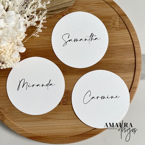 White Personalised Round Placecards Table Place Cards Name 9cm Custom ...