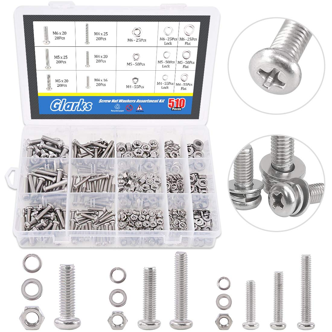 510Pcs M4 M5 M6 Phillips Pan Head Machine Screws Assortment Kit 6 ...