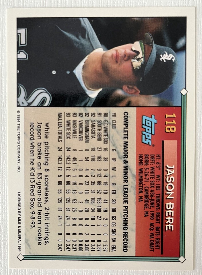 Jason Bere White Sox Signed Autographed 1994 Topps GOLD #118 Baseball ...