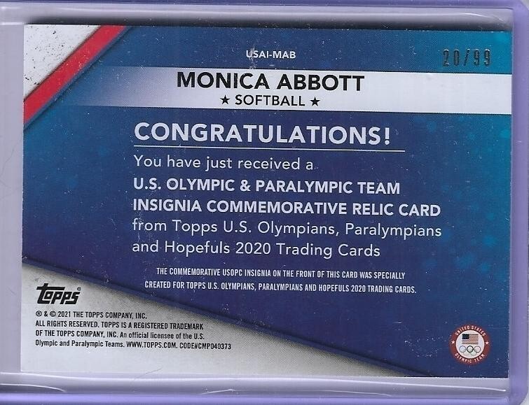 2020 TOPPS OLYMPICS MONICA ABBOTT INSIGNIA /99 CARD ~ USA SOFTBALL 2021 ...