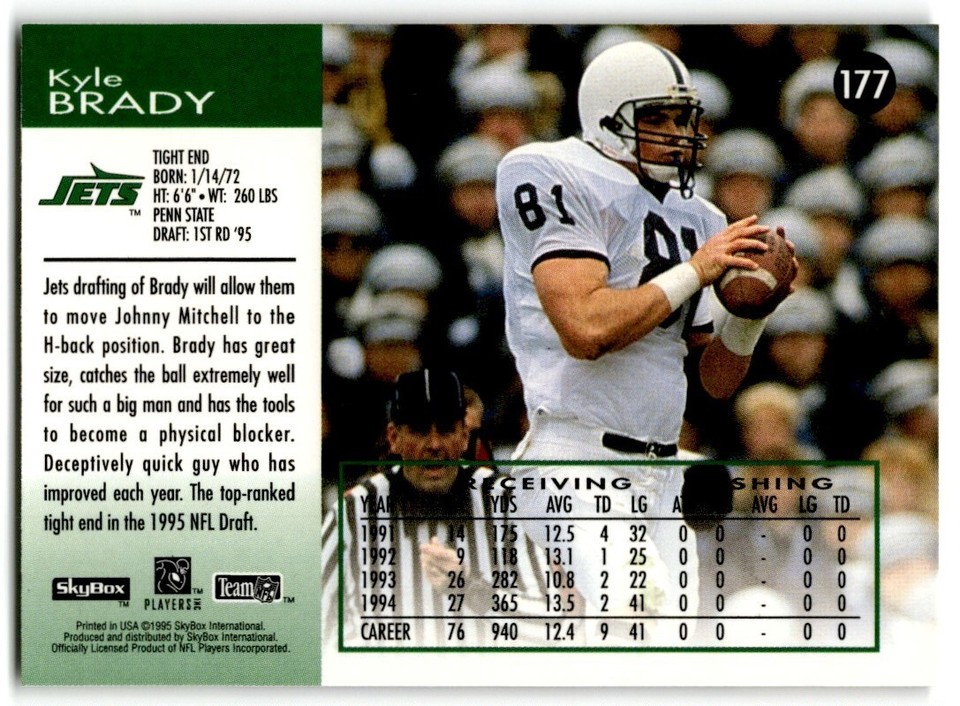 1995 SkyBox Impact Kyle Brady Rookie New York Jets #177 | eBay