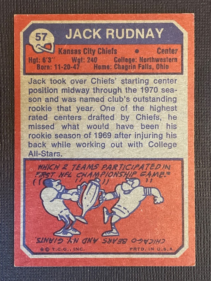 Jack Rudnay 1973 Topps Rookie Football Card #57 - Kansas City Chiefs ...