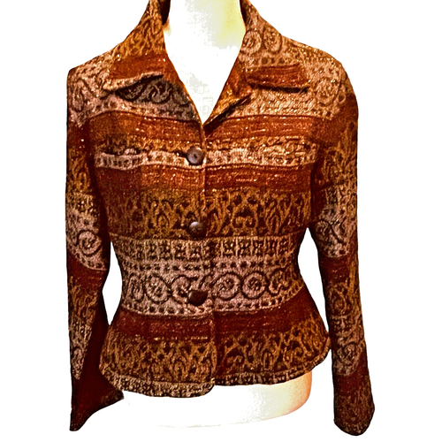 VTG Flashback Boho Tapestry Jacket Sz M Burgundy With Metallic ...