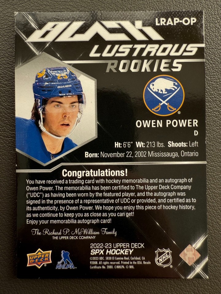 2022-23 Spx Owen Power Ud Black Lustrous Rookie Patch Signatures Auto ...